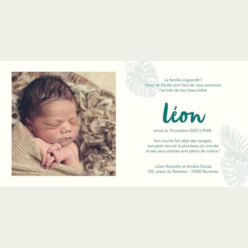 Faire-part naissance ou baptême chic vert feuillages motifs bois